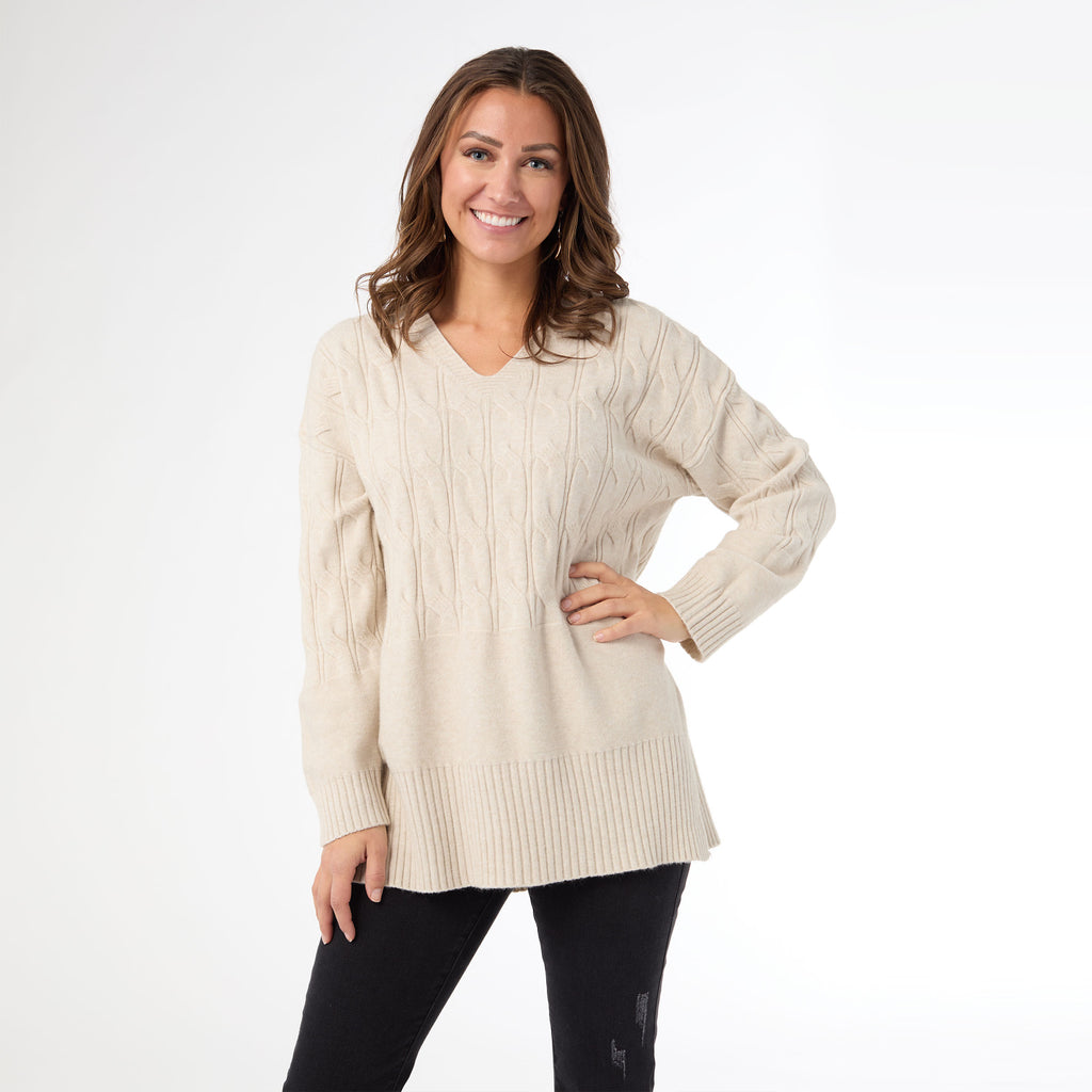 Heavenly-Luxe V Neck Cable Sweater with Rib Bottom - Final Sale – COCO ...